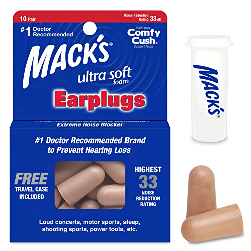 Mack's Ultra Soft Foam Earplugs, 10 Pair - 33dB Highest NRR, Comfortable Ear Plugs for Sleeping, Snoring, Work, Travel and Loud Events