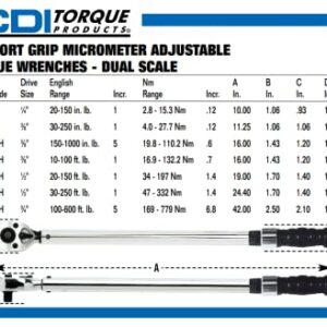 CDI 2503MFRPH Comfort Grip Dual Scale Micrometer Adjustable Click Style Torque Wrench - 1/2-Inch Drive - 30 to 250 ft. lb. Torque Range