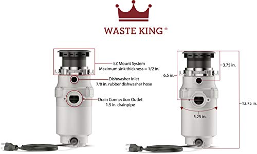 Waste King 1/2 HP Garbage Disposal with Power Cord for Kitchen Sink Food Waste, L-1001