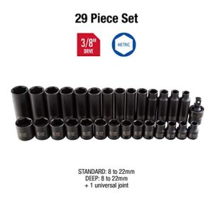 Sunex 3329 3/8-Inch Drive Standard and Deep Metric Impact Socket Set, Metric, Standard/Deep, 6-Point, Cr-Mo, 8mm - 22mm, 29-Piece