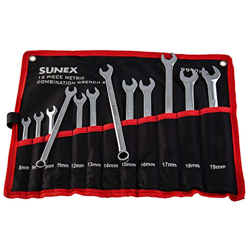 Sunex Tools 9917MA Metric V-Groove Combination Wrench Set, 8mm - 19mm, Fully Polished, 12-Piece (Includes Roll-Case)