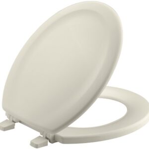 KOHLER 4648-47 Stonewood Toilet Seat Round,Wood Toilet Seat, Round Toilet Seats for Standard Toilets, Toilet Lid with Color-Matched Plastic Hinges, Almond