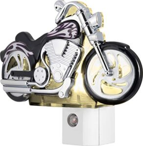 ge led motorcycle night light, plug-in, dusk-to-dawn sensor, auto on/off, energy-efficient, soft white, flames & chrome design, ideal for bedroom, playroom, bathroom, & more, black/silver, 10904