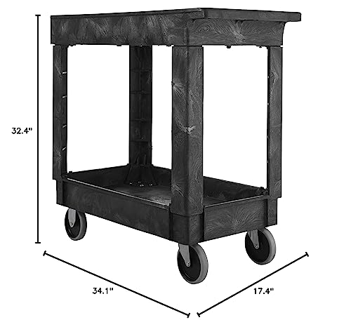 Rubbermaid Commercial Products 2-Shelf Service/Utility Cart with Wheels, 300-Pound Capacity, Black, Lipped Shelves with Handle, Use in School/Restaurant/Warehouse/Manufacturing