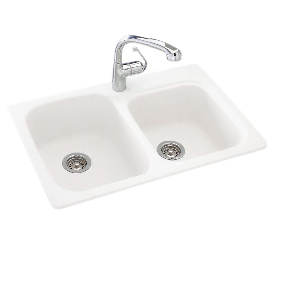 Swanstone KS03322DB.010 Solid Surface 1-Hole Dual Mount Double-Bowl Kitchen Sink, 33-in L X 22-in H X 9-in H, White