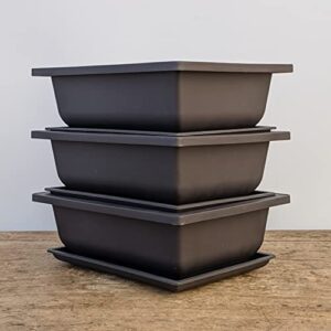 Bonsai Outlet Training Pots with Humidity Trays - Built in Mesh, Brown 8-Inch Large Planters + Made from Durable Shatter Proof Poly-Resin, Set of 3 Pot Set