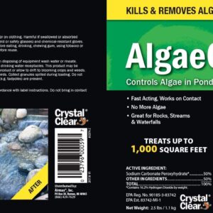 CrystalClear AlgaeOff Pond Algae Control Treatment, for Cleaner & Clearer Pond Water, EPA Registered Algaecide Treatment, Safe for Use in Ponds Containing Fish and Plants, Treats 1000 sq, 2.5 lbs