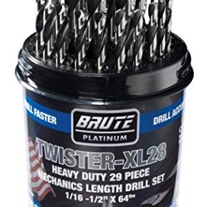 Champion Cutting Tool Brute Platinum 29 Piece 1/16-1/2" x 64ths HSS Mechanics Length Twister-XL28 Drill Bit Set-135 Degree Split Point, Water Resistant Index-MADE IN USA