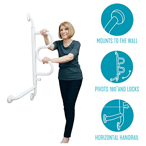 Stander Curve Grab Bar with Handrail, 14-Inch Bathroom Security Assist Bar for Toilet, Shower, and Bathtub Aid, Rotating Safety Handle, Wall Mounted Swing Grab Bar for Adults, Seniors, and Elderly