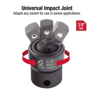 Sunex 3301, 3/8 Inch Drive, Universal Impact Joint, Cr-Mo Alloy Steel, Cr-Mo Steel, Radius Corner Design, Flexible, Meets ANSI Standards,Black