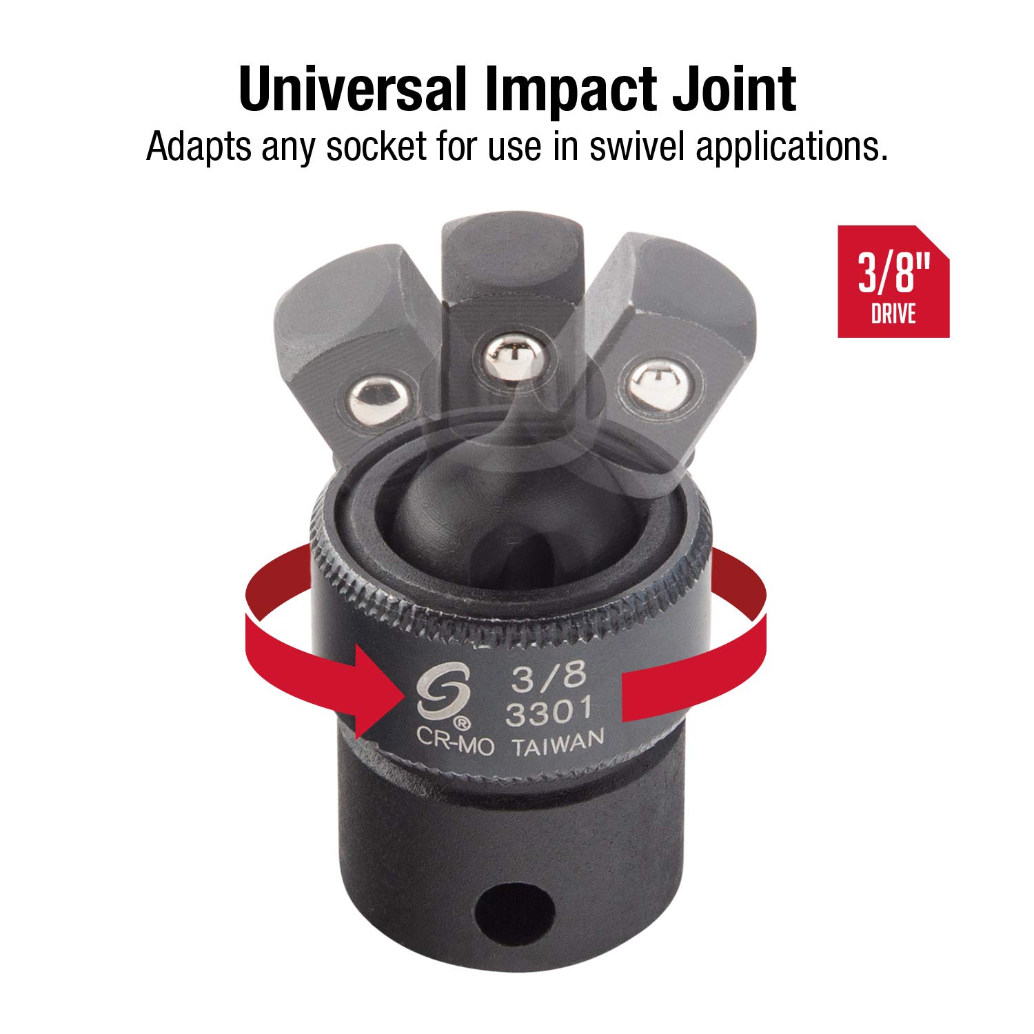 Sunex 3301, 3/8 Inch Drive, Universal Impact Joint, Cr-Mo Alloy Steel, Cr-Mo Steel, Radius Corner Design, Flexible, Meets ANSI Standards,Black