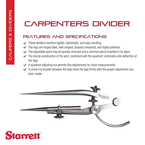 Starrett Carpenters’ Divider with Tempered, Highly Polished Forged Steel Legs, Adjustable Point and Quadrant Adjusting Nut - 6" Size and Capacity - 92-6