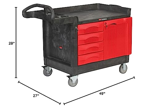 Rubbermaid Commercial Products Trademaster 4 Drawer Mobile Work Center with Cabinet, 49 inch L x 27 inch W x 28 inch H, Black/Red (FG453388BLA)