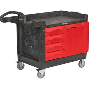 rubbermaid commercial products trademaster 4 drawer mobile work center with cabinet, 49 inch l x 27 inch w x 28 inch h, black/red (fg453388bla)