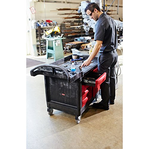 Rubbermaid Commercial Products Trademaster 4 Drawer Mobile Work Center with Cabinet, 49 inch L x 27 inch W x 28 inch H, Black/Red (FG453388BLA)