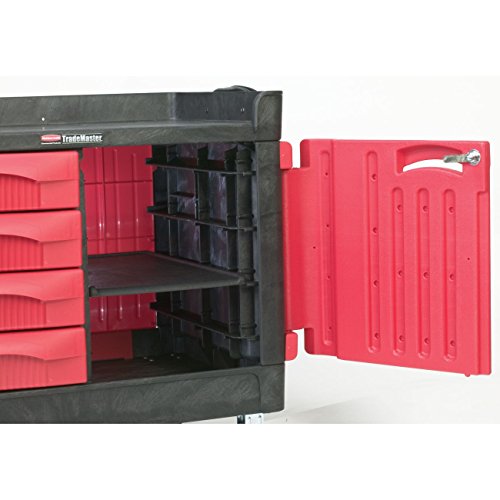 Rubbermaid Commercial Products Trademaster 4 Drawer Mobile Work Center with Cabinet, 49 inch L x 27 inch W x 28 inch H, Black/Red (FG453388BLA)