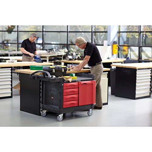 Rubbermaid Commercial Products Trademaster 4 Drawer Mobile Work Center with Cabinet, 49 inch L x 27 inch W x 28 inch H, Black/Red (FG453388BLA)