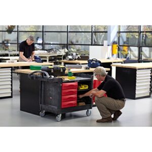 Rubbermaid Commercial Products Trademaster 4 Drawer Mobile Work Center with Cabinet, 49 inch L x 27 inch W x 28 inch H, Black/Red (FG453388BLA)