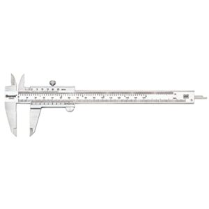 starrett vernier caliper with hardened stainless steel depth rod, lock screw and sharp, black graduations - metric, english, 0-6" range, 001" graduations - 125mea-6/150