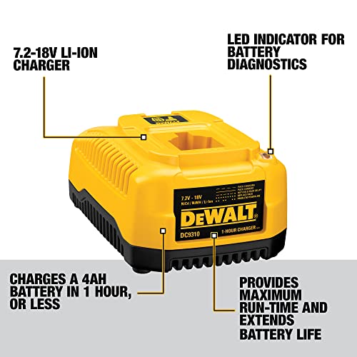 DEWALT Charger for 7.2V-18V Battery, 1-Hour Fast Charging (DC9310) , Yellow