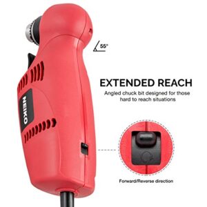 NEIKO 10529A 3/8" Right Angle Drill, 55-Degree Angle Close Quarter Corded Drill, Variable Speed Power Drill (0-1400 RPM), 120 Volt, Spin Key, Angle Grip