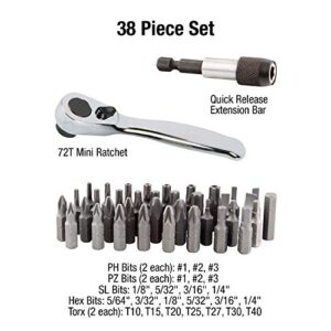 Sunex 9726 Mini Ratchet and Bit Set, 1/8-Inch - 1/4-Inch S2 Bits, 5/64-Inch - 1/4-Inch hex bits, 38-Piece Silver