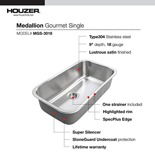 Houzer MGS-3018-1 Medallion Gourmet Series Undermount Stainless Steel Large Single Bowl Kitchen Sink