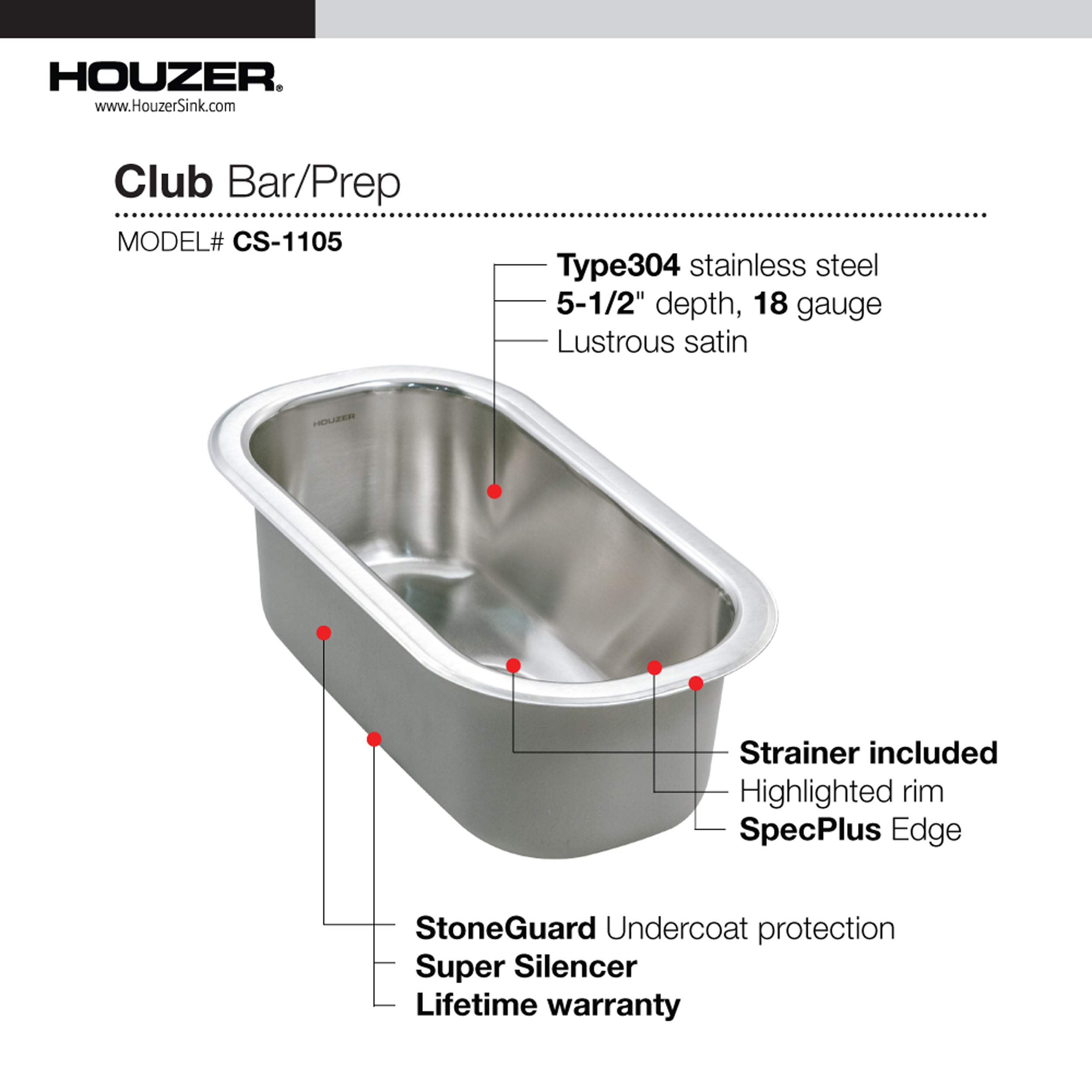 Houzer CS-1105-1 Club Series Undermount Bar Prep Sink, Basket Strainer Included, 9.25" x 18" x 5.5"D, Stainless Steel