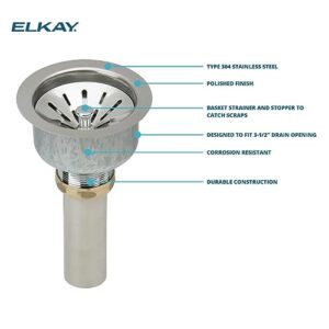 Elkay LK99 3-1/2" Deluxe Drain with Type 304 Stainless Steel Body, Strainer Basket, Rubber Seal, and Tailpiece