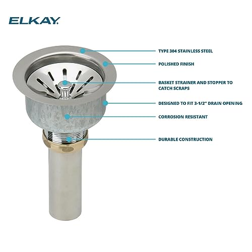 Elkay LK99 3-1/2" Deluxe Drain with Type 304 Stainless Steel Body, Strainer Basket, Rubber Seal, and Tailpiece