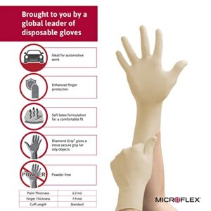 Microflex Diamond Grip MF-300 Disposable Latex Gloves for Automotive, Machinery Industries - Medium, Natural Clear (Box of 100)