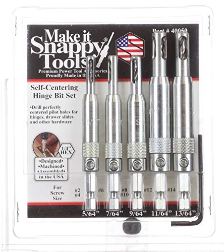 Snappy Tools 5pc Self Centering Hinge Drill Bit Set, Spring Loaded. Proudly Made in the USA.