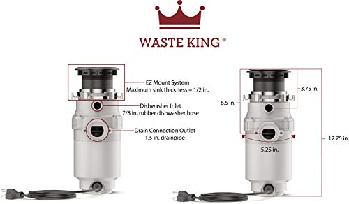 Waste King 1/3 HP Garbage Disposal with Power Cord, Compact Food Waste Disposer for Under Kitchen Sink, L-111