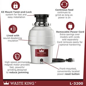 Waste King 3/4 HP Garbage Disposal with Power Cord, Food Waste Disposer for Kitchen Sink, L-3200