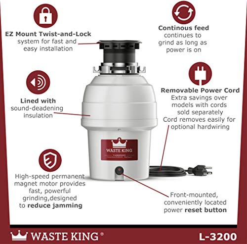 Waste King 3/4 HP Garbage Disposal with Power Cord, Food Waste Disposer for Kitchen Sink, L-3200