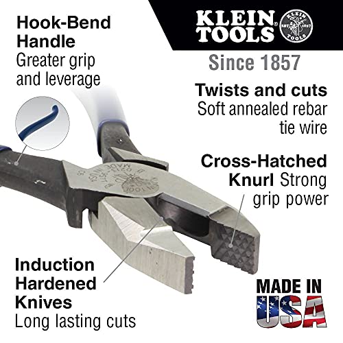 Klein Tools D213-9ST High-Leverage Ironworker's Pliers, Twist and Cut Soft Annealed Tie Wire, Hook Bend Handle, Spring Loaded, Heavy-Duty Jaws