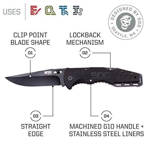 SOG Folding Pocket Knife – Salute Tactical Knife, EDC Knife, Tactical Folder Knife, Work Knife, 3.63 Inch Black Pocket Knife with Thumbstud (FF11-CP)