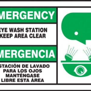 Accuform SBMFSD928MVP Plastic Spanish Bilingual Sign, "EMERGENCY EYE WASH STATION KEEP AREA CLEAR/EMERGENCIA ESTACION DE LAVADO PARA LOS OJOS MANTENGASE LIBRE ESTA AREA" with Graphic, 7" Length x 10" Width x 0.055" Thickness, Green/Black on White