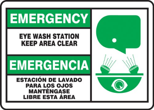 Accuform SBMFSD928MVP Plastic Spanish Bilingual Sign, "EMERGENCY EYE WASH STATION KEEP AREA CLEAR/EMERGENCIA ESTACION DE LAVADO PARA LOS OJOS MANTENGASE LIBRE ESTA AREA" with Graphic, 7" Length x 10" Width x 0.055" Thickness, Green/Black on White