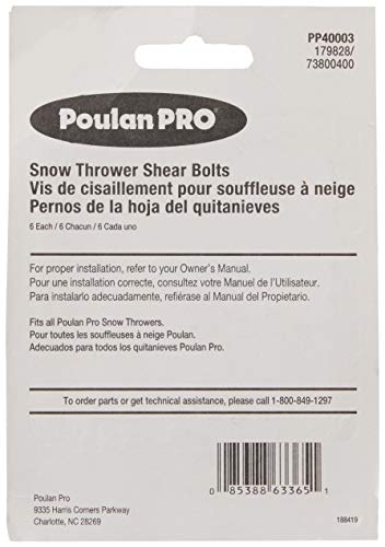 Poulan Pro PP40003 6-Pack Of Snow Thrower Sheer Pins & Bolts