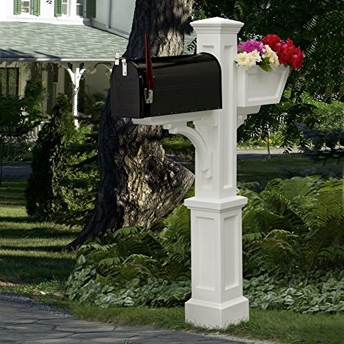 Mayne Inc. Westbrook Plus Mail Post - White - 40.5in L x 8in W x 56.5in H - Standard Post, Arm Plus & Planter (5830-W)