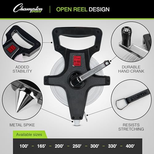 Champion Sports Open Reel Measure Tape, 330 ft, 100 meters, with Metal Spike, Hand Crank - Open Tape Measure for Track and Field, Long Jump - Durable, Dual-Sided Measuring Reel with Feet and Meters