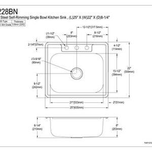 Kingston Brass K25228BN 22 Gauge Single Bowl Stainless Steel Self-Rimming Kitchen Sink, Brushed Nickel