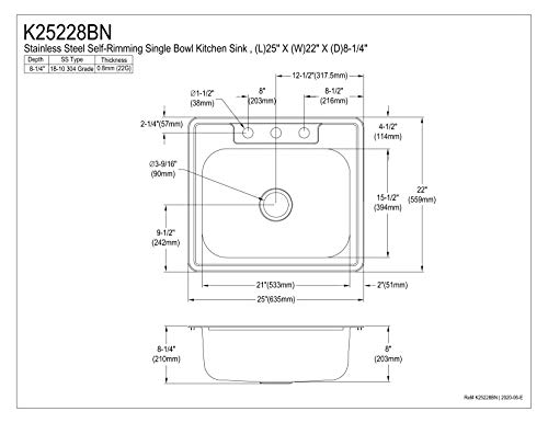 Kingston Brass K25228BN 22 Gauge Single Bowl Stainless Steel Self-Rimming Kitchen Sink, Brushed Nickel