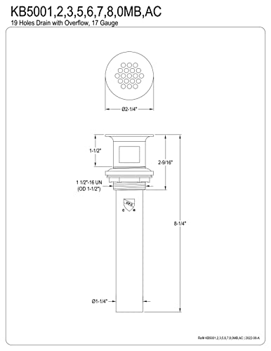 Kingston Brass KB5002 Fauceture Grid Drain with Overflow Hole, 1-1/4 inch by 6-inch, 17 gauge,, Polished Brass