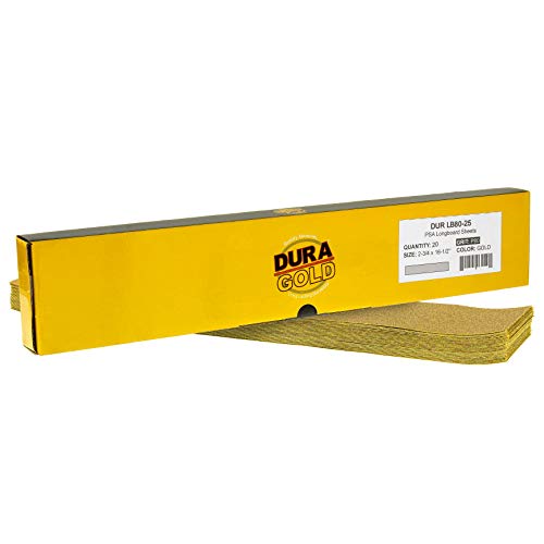 Dura-Gold Premium 80 Grit Gold Pre-Cut PSA Longboard Sandpaper Sheets, Box of 20, 2-3/4" x 16-1/2" Self-Adhesive Stickyback Sandpaper for Automotive, Woodworking Air File Sander, Hand Sanding Block