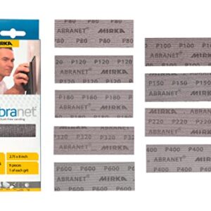 Mirka Abranet Net Sheets / 2.75 x 8 inch/Assortment 1 of each Grit 80, 100, 120, 150, 180, 220, 320, 400, 600 / Mesh sandpaper sanding Sheet Hook and Loop / 9 pcs / ‎9A-150-APRP