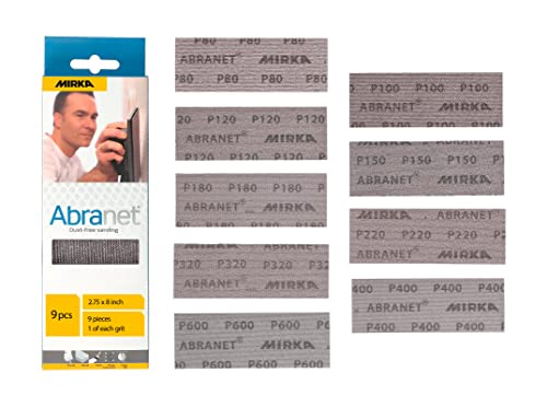 Mirka Abranet Net Sheets / 2.75 x 8 inch/Assortment 1 of each Grit 80, 100, 120, 150, 180, 220, 320, 400, 600 / Mesh sandpaper sanding Sheet Hook and Loop / 9 pcs / ‎9A-150-APRP