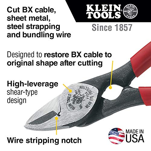 Klein Tools 1104 BX Cable Cutter and All-Purpose Shears for BX Cable, Sheet Metal, Steel Strapping, Bundling Wire, with Stripping Notch