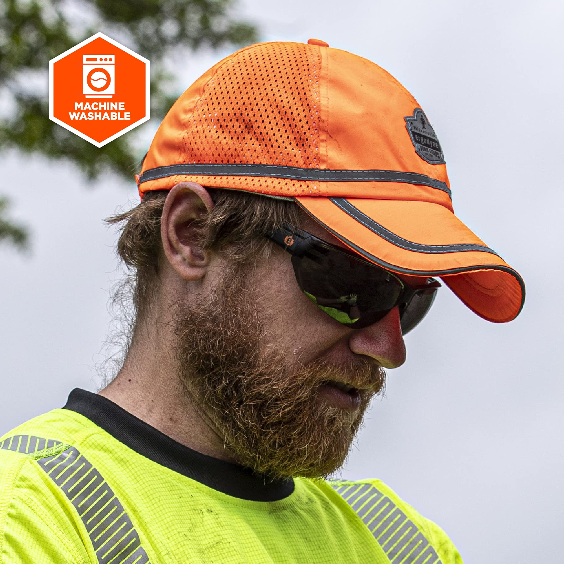 Ergodyne GloWear 8930 High Vis Baseball Hat, Breathable Mesh Paneling, Reflective Trim for Enhanced Visibility,Orange